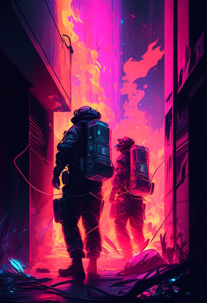 Cyberpunk Firefighters Neon City Futuristic Firefighters Digital Wall ...