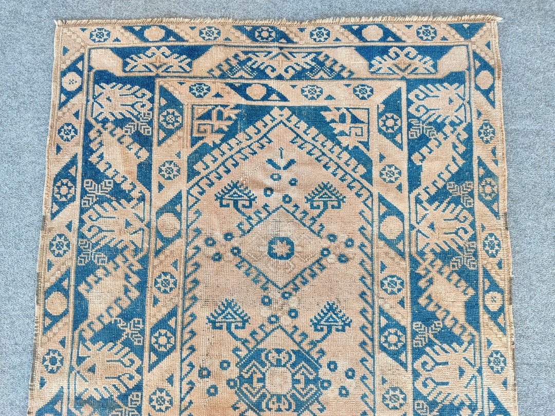 Blue Turkish Rug 4x6, Rug Vintage 5x6, Oushak Rug 4x6, Neutral Wool Rug ...