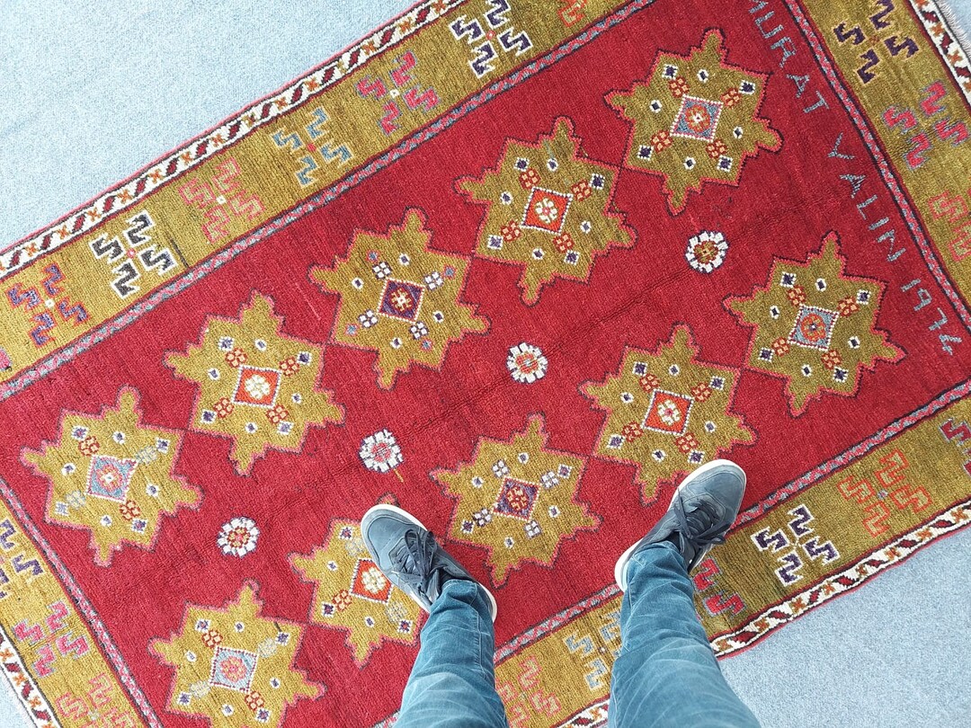 5 by 7 Rug, Dark Red Green Rug, Geometric Rug, Vibrant Dark Deep Rug ...