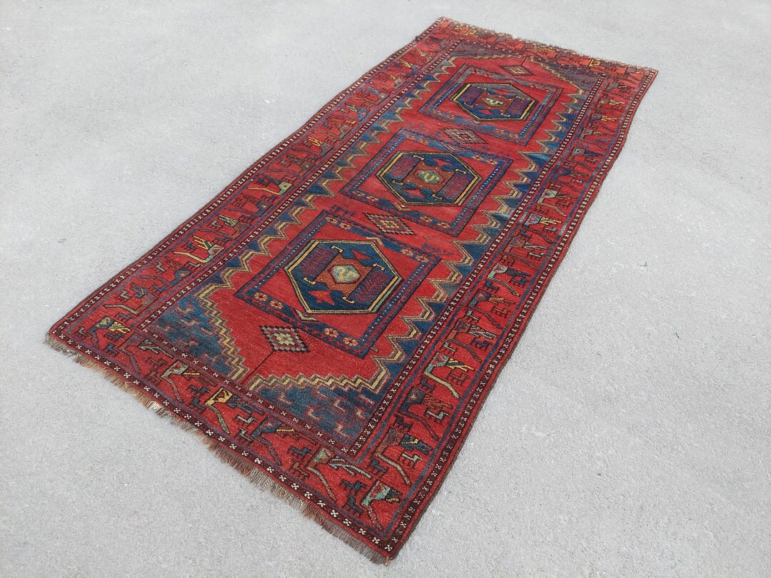 4'4" X 9' Ft, Persian Rug 4x9, Antique Rug 4x9, Red Blue Turkish Rug ...