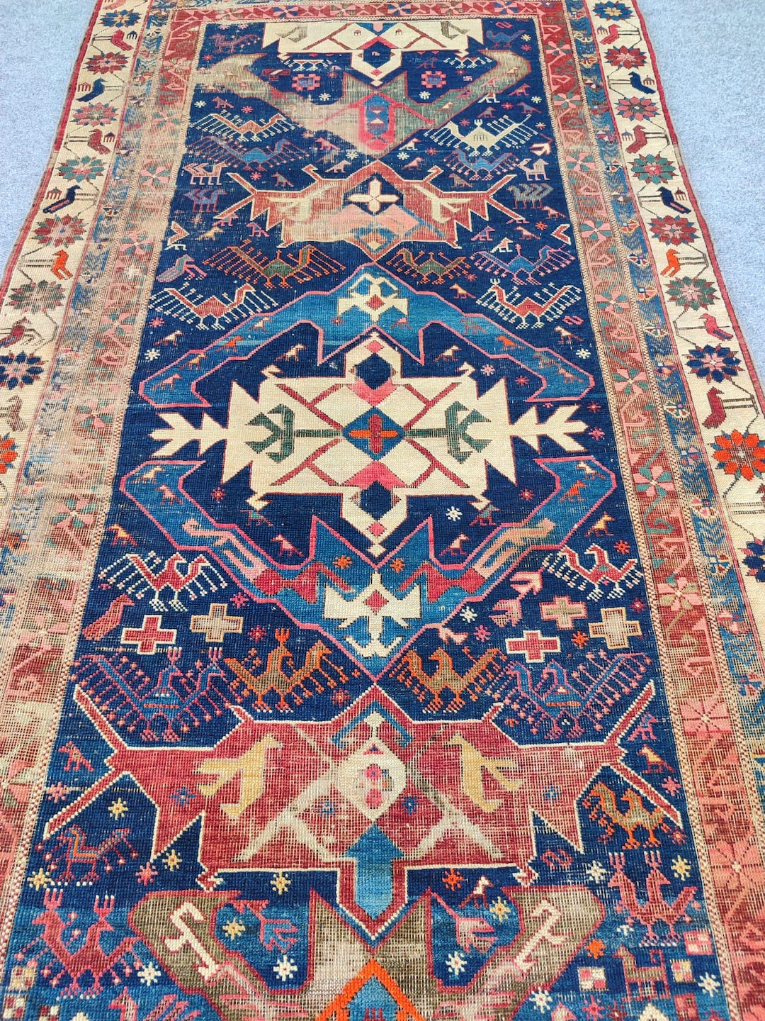 140 YEARS Old Caucasian Rug, 4x7 Navy Antique Kazak Rug, Azerbaijan Rug ...