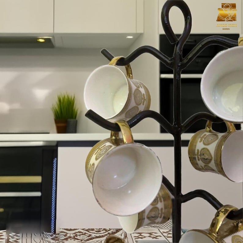 Hand Forged Coffee Mug Tree Holder, Metal Kitchen Mug Stand Organizer ...