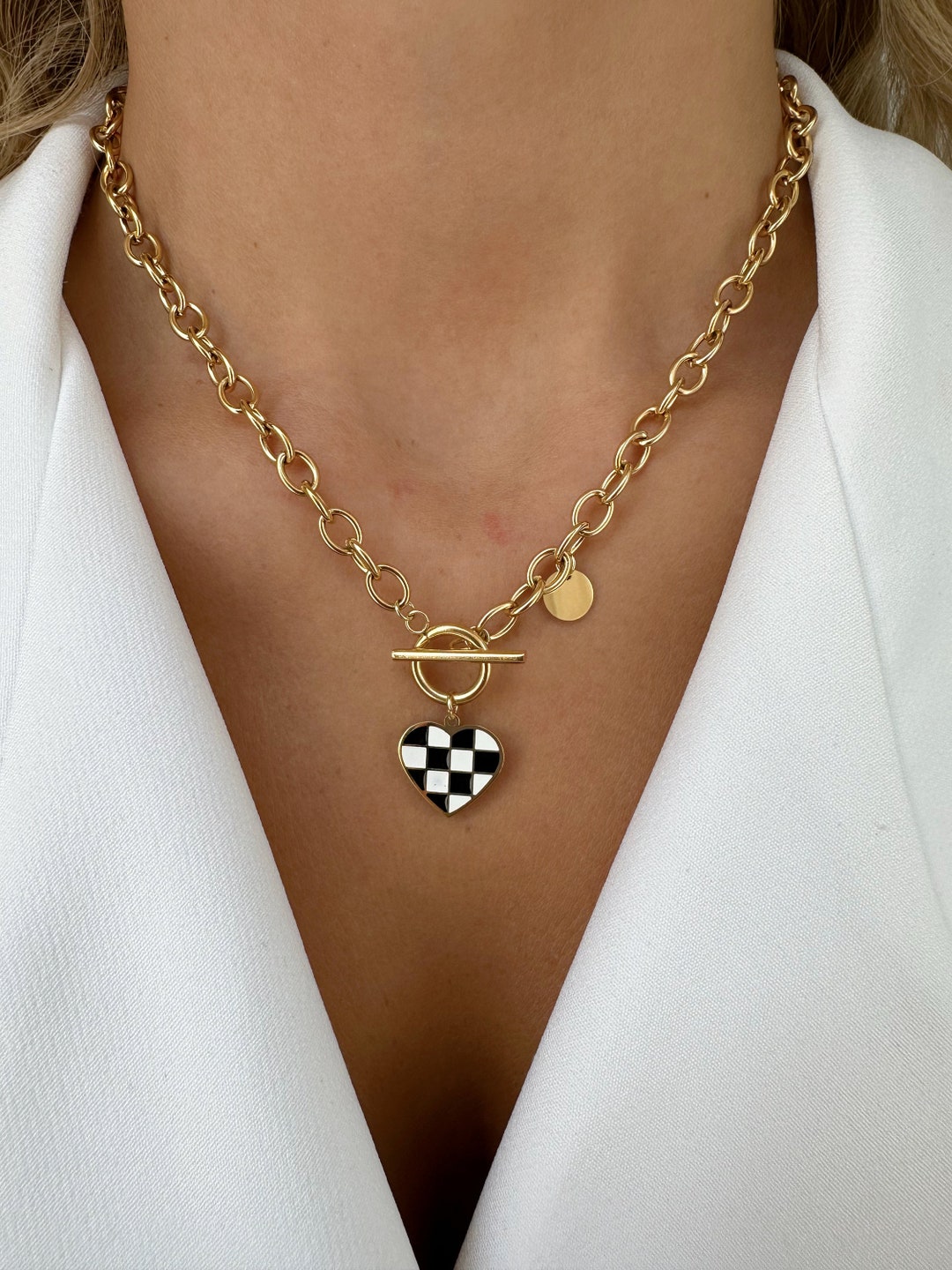 Dainty Chess Heart Shaped Necklace, Black & White Chess Necklace Gold ...