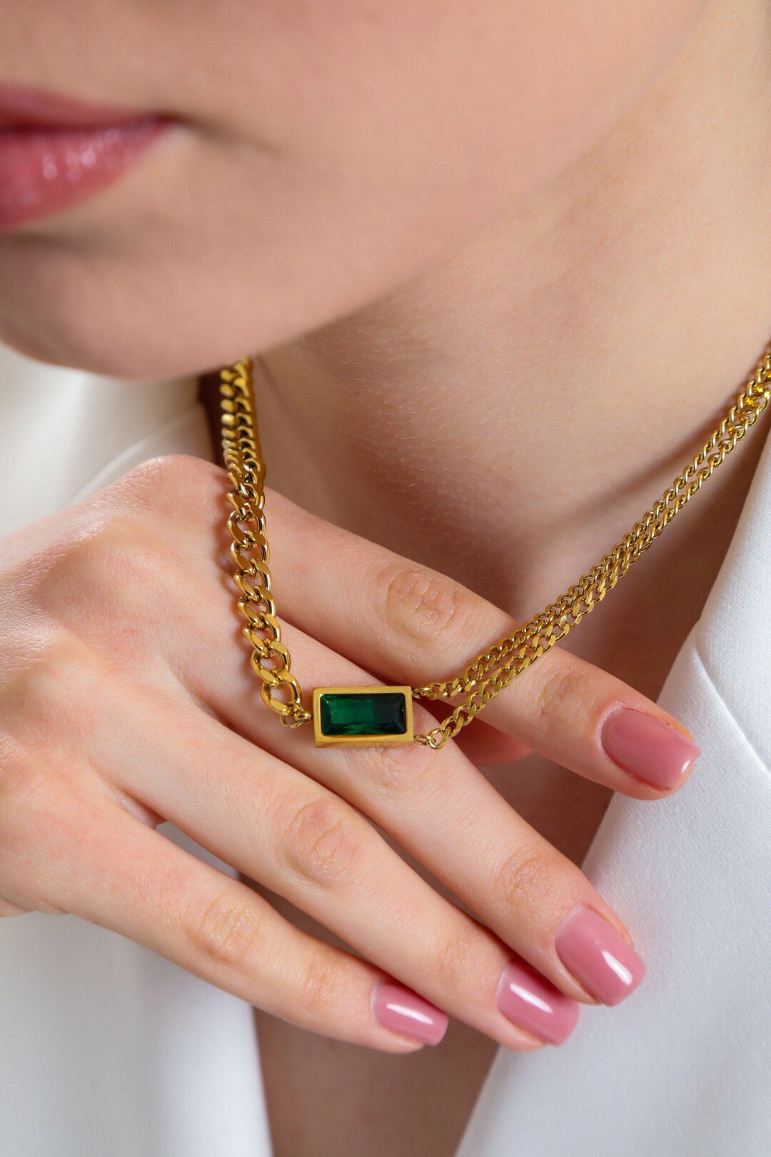 18K Gold Gemstone Necklace, Jade Necklace, Birthstone Gold Chain ...