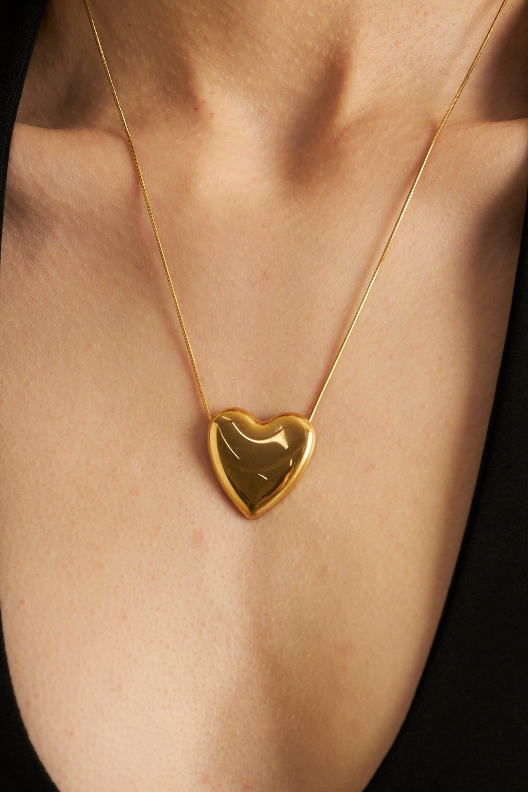 14K Gold Plated Necklace Big Heart Pendant Dainty Heart Gold Chain ...