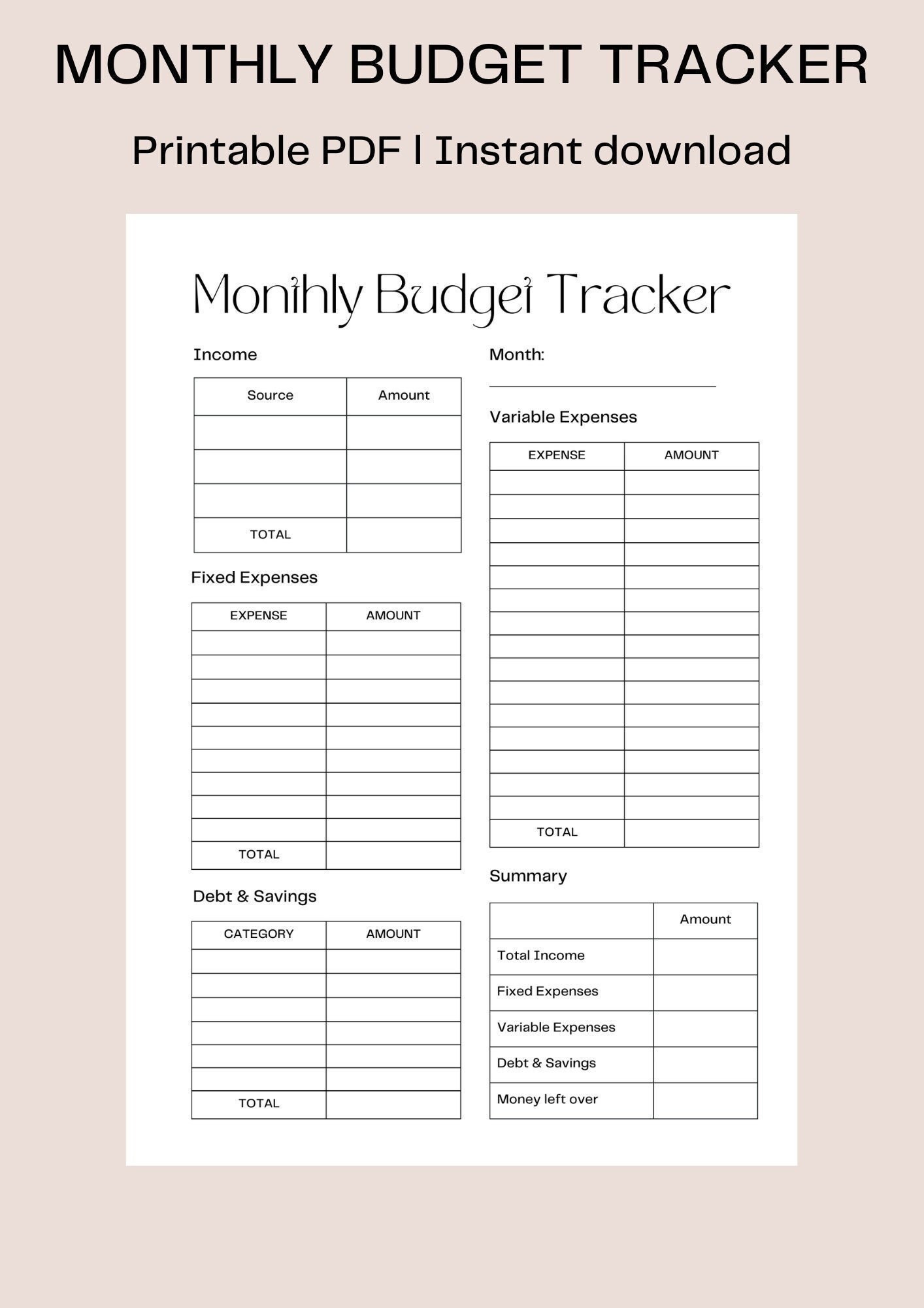 Minimalist Budget Tracker Printable PDF, Budget Planner, Budget ...