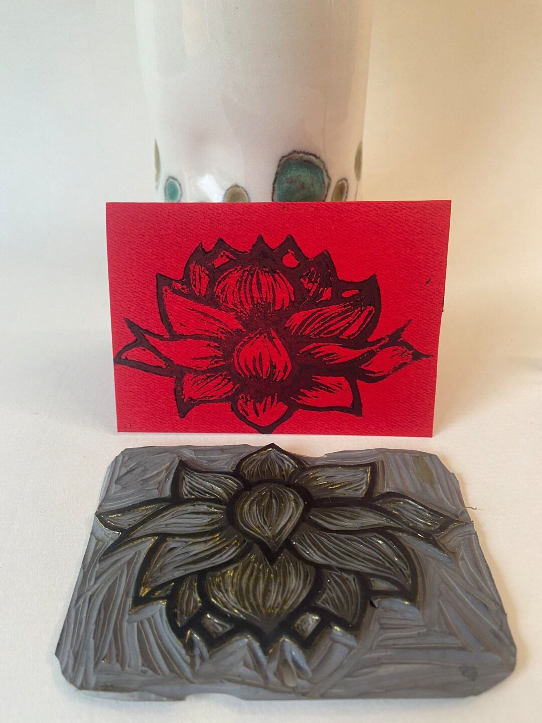 Lotus Linocut Greeting Card - Etsy