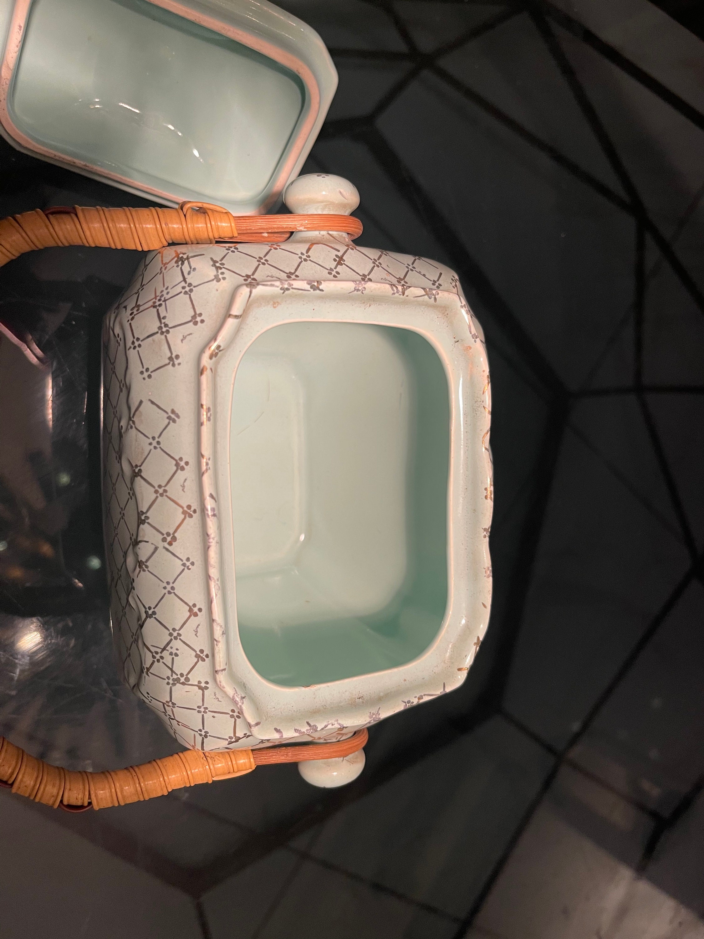 Sadler Style Cube Biscuit Barrel Vintage Green Starburst Woven Handle ...