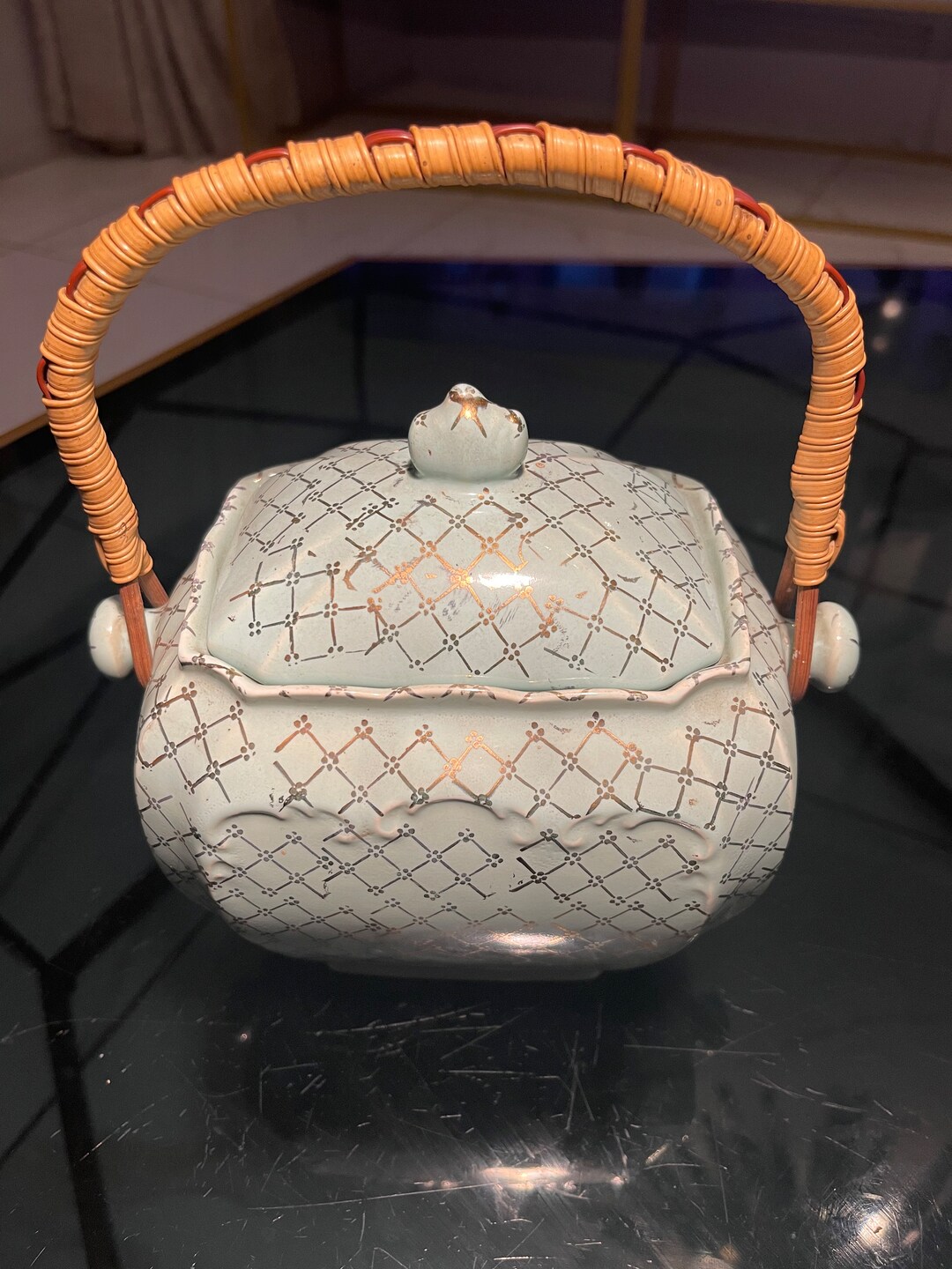 Sadler Style Cube Biscuit Barrel Vintage Green Starburst Woven Handle ...