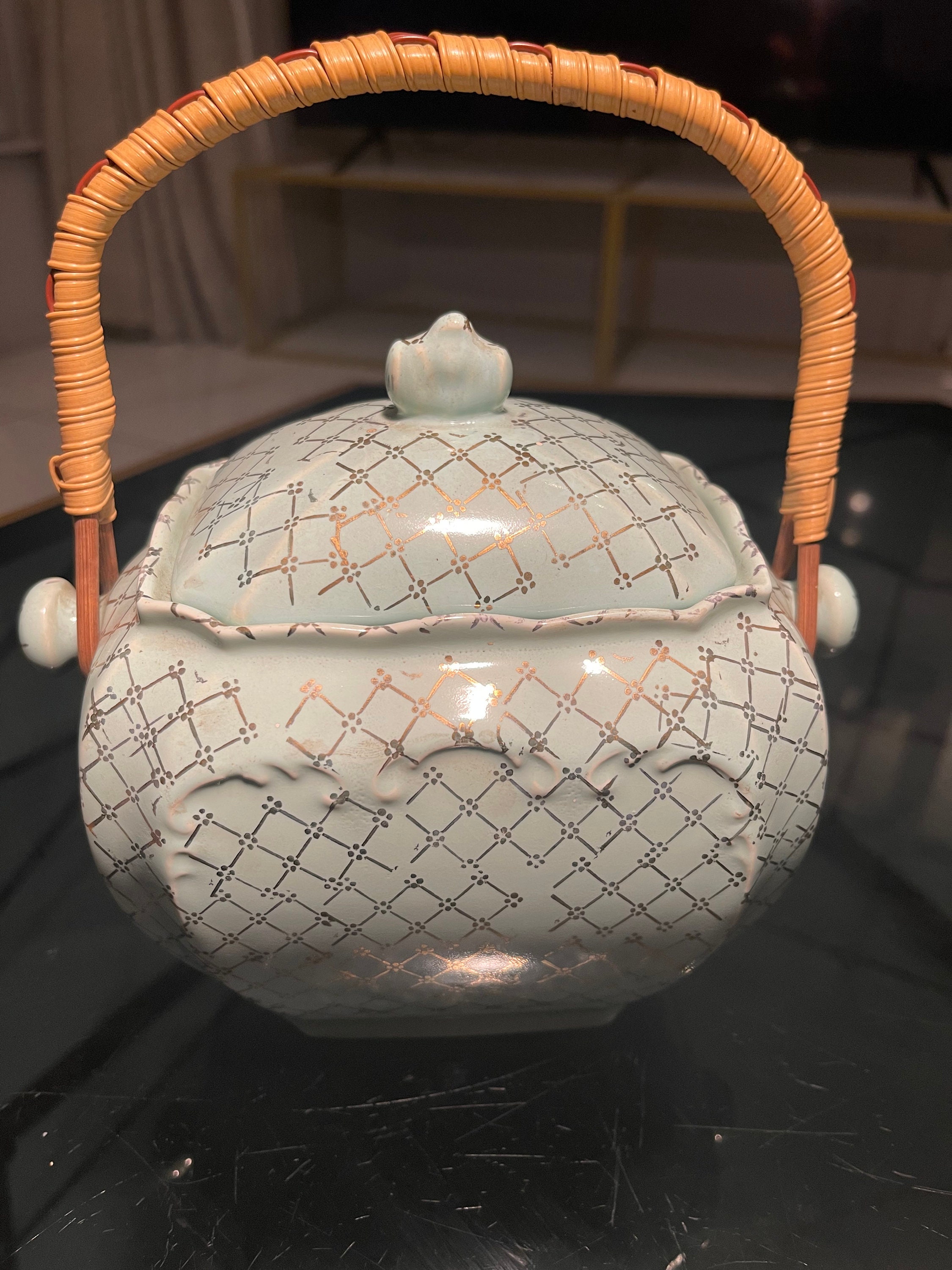 Sadler Style Cube Biscuit Barrel Vintage Green Starburst Woven Handle ...