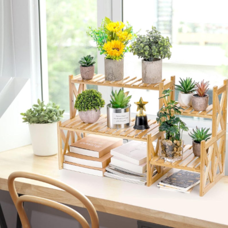 2 Tier Bamboo Tabletop Plant Stand, Adjustable Flower Pot Holder Shelf ...