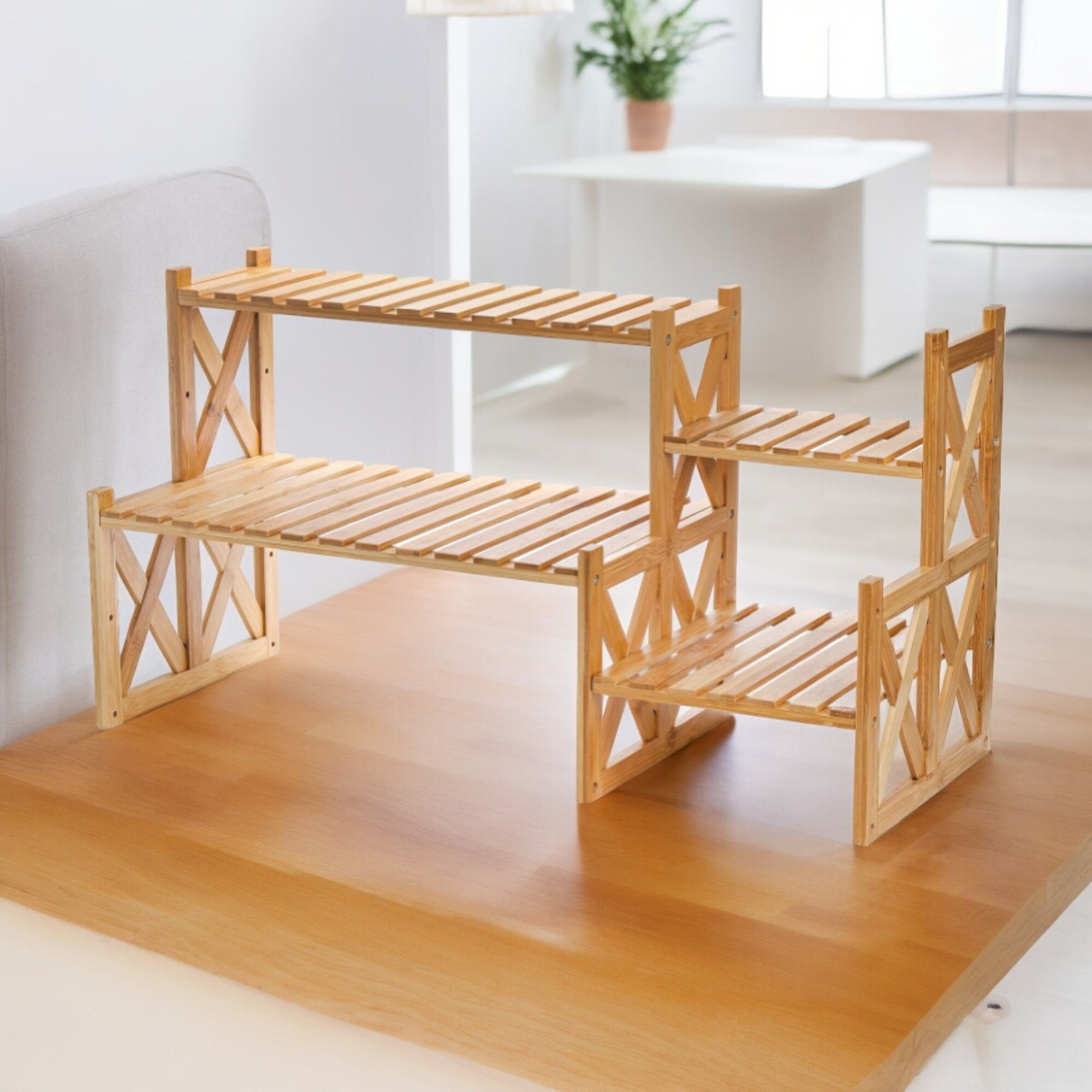 2 Tier Bamboo Tabletop Plant Stand, Adjustable Flower Pot Holder Shelf ...