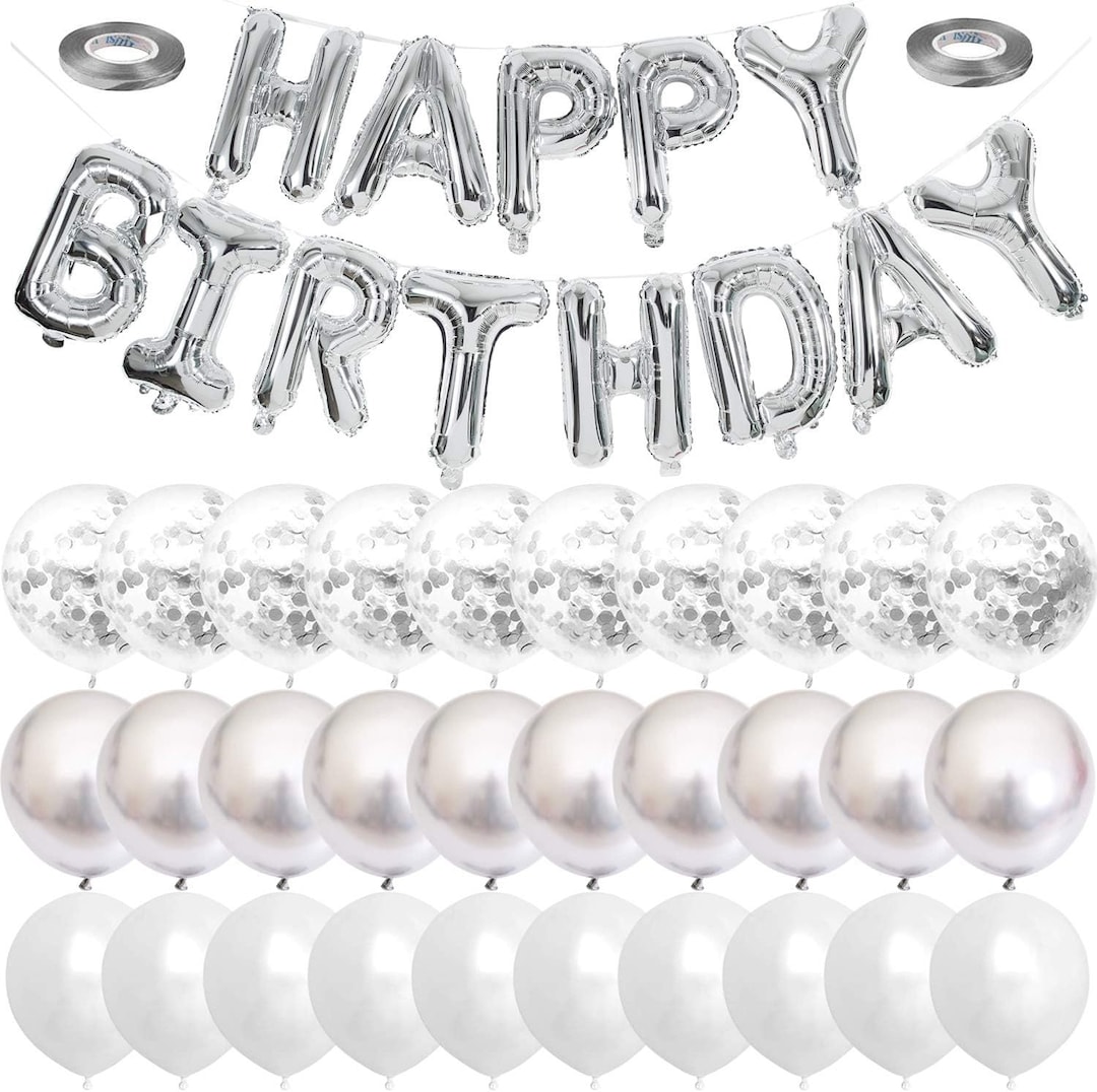 Silver Happy Birthday Balloons Banner White and Silver - Etsy