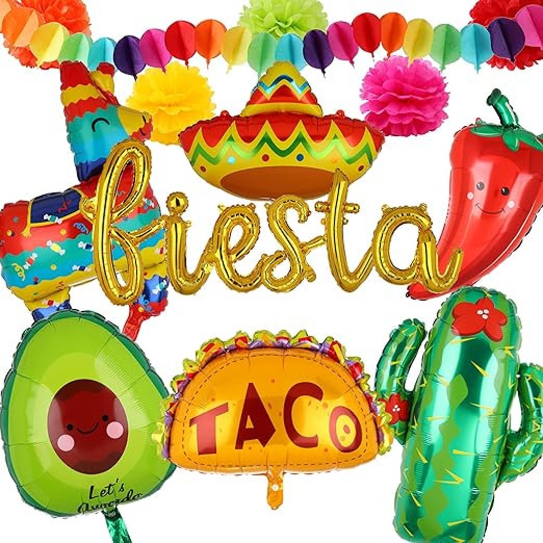 Fiesta Balloons Letter Banner Mexico Taco Llama Cactus Avocado Chili ...