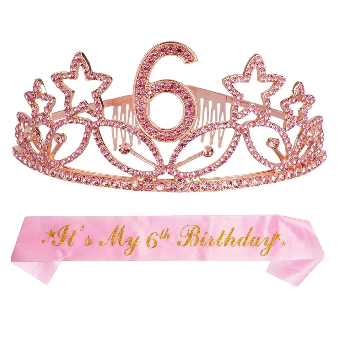 6th Birthday Sash and Tiara for Her Fabulous Glitter Sash Stars Rhinestone Pink Premium Metal ...