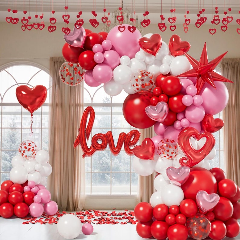 156pcs Balloon Arch Garland Kit With Pink White Red Confetti Heart ...