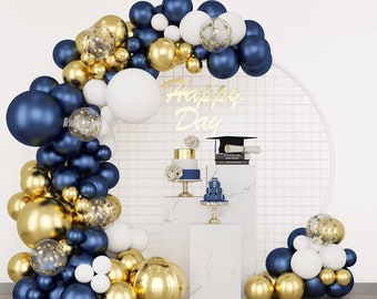 174pcs Navy Blue Gold Balloons Garland Arch Kit, Metallic Gold Latex White Confetti Mixed Sizes ...
