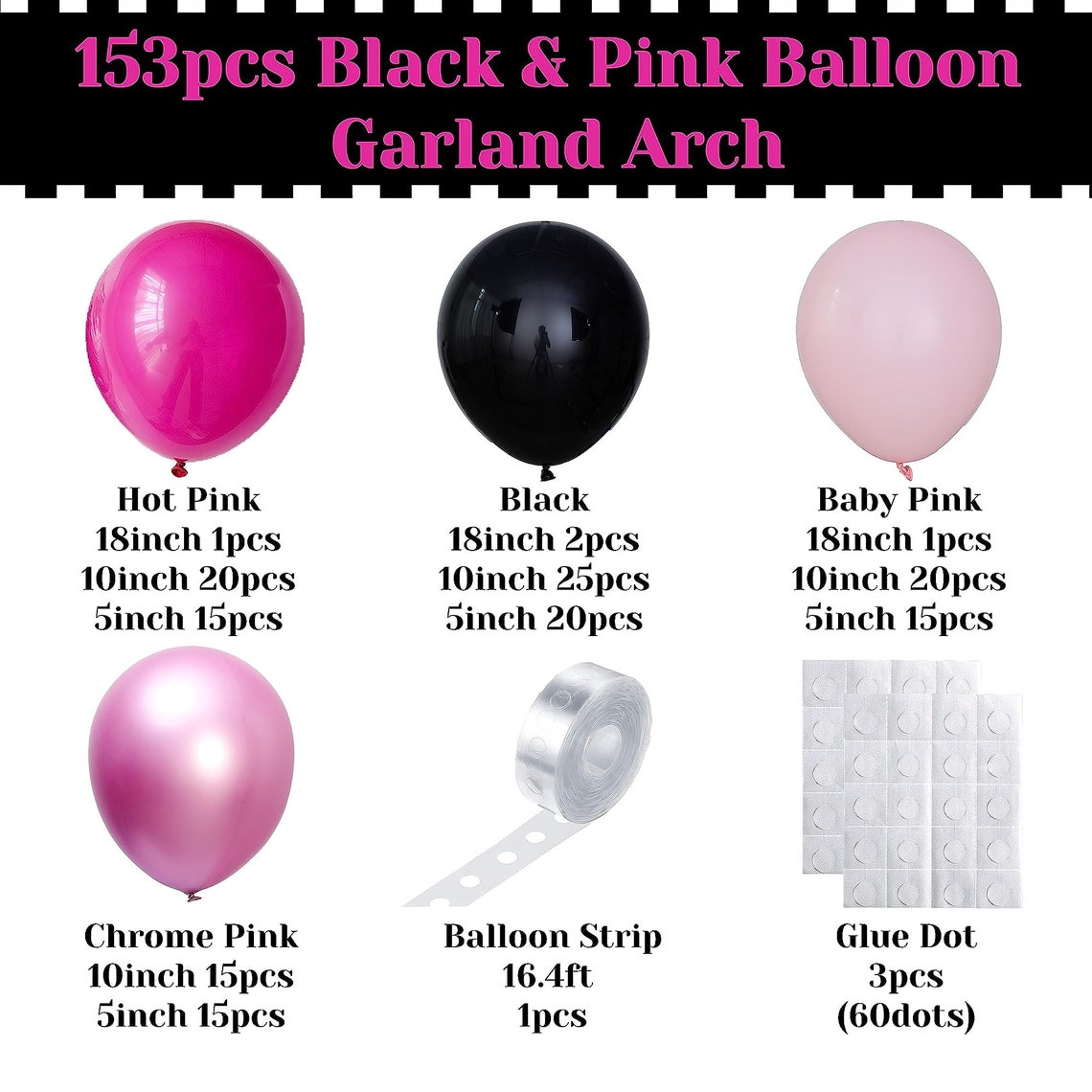 Hot Pink and Black Balloon Garland Arch Kit 153pcs Black Pink - Etsy