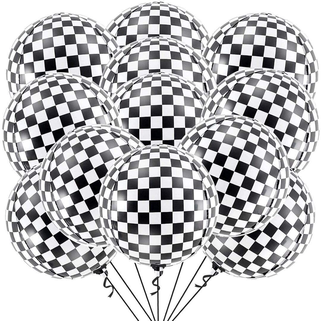 Black and White Checkered Balloons 22 Inch, Pack of 12 4D Sphere Race ...