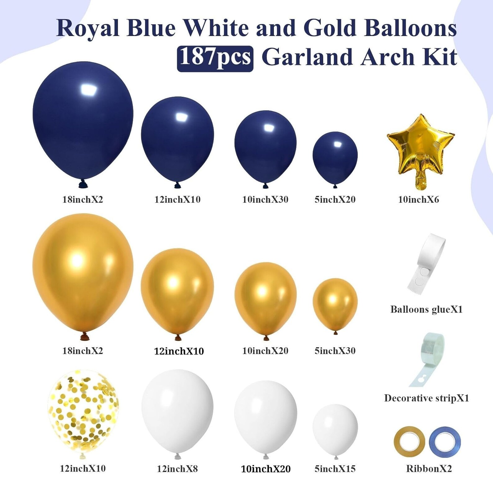 187pcs Blue and Gold Balloons Arch Garland Kit, 5 10 12 18 Inch Royal Blue Gold White Balloons ...