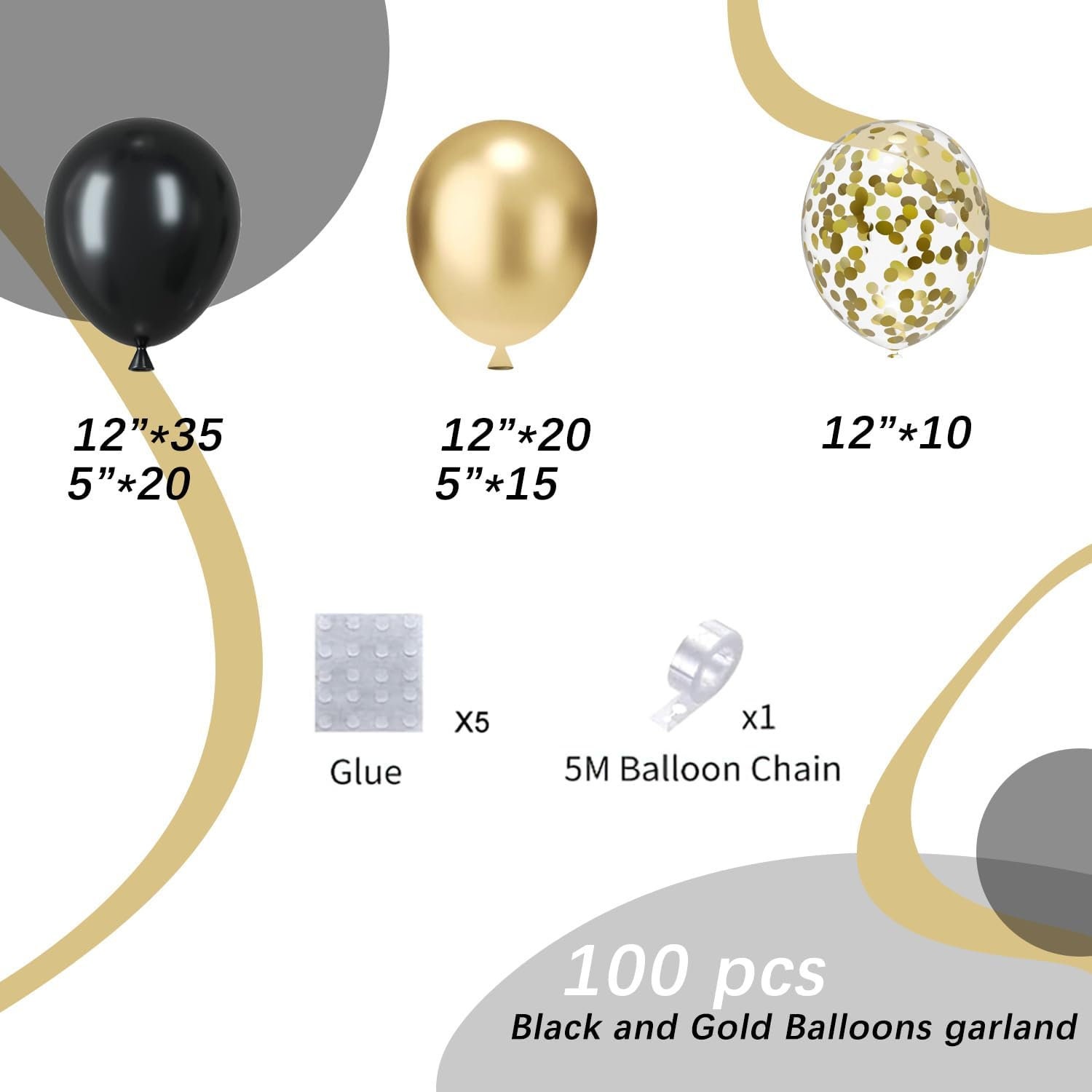 Black and Gold Balloons Arch Garland Kit, 100pcs Black Gold Confetti ...