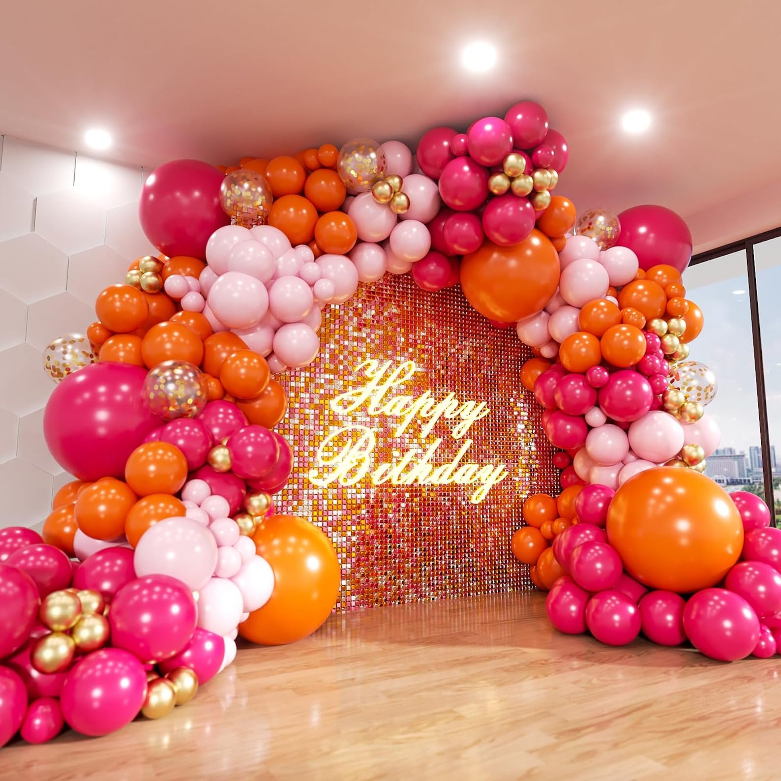 Pink and Orange Balloon Arch Kit, 161pcs Hot Pink Orange Metallic Gold ...