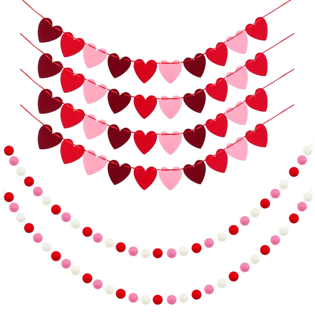 6 Pack Valentines Day Garland Set 60 Balls Felt Garland and 40 Pieces ...