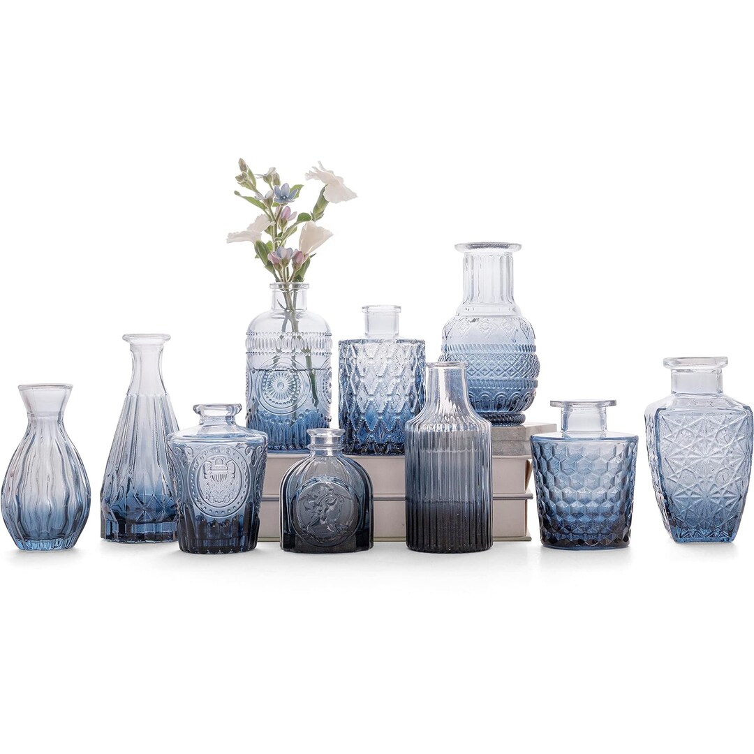 Blue Glass Bud Vase Set of 10 Small Vases for Flowers, Bud Vases in ...