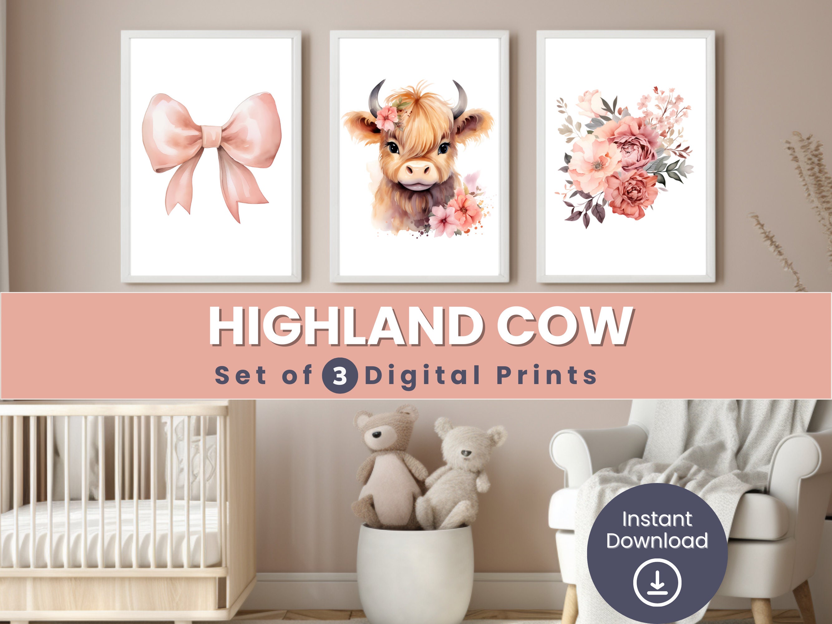 Highland Cow Nursery Wall Art Poster, Highland Cow Nursery Decor, Girls ...