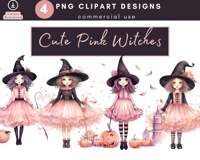 4 Cute Pink Witch Clipart PNG Vintage Halloween Whimsical - Etsy