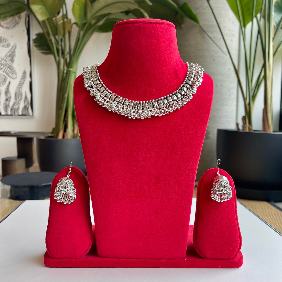 Indian Punjabi Jewelry Oxidized Silver Stone Necklace & Earrings Set ...