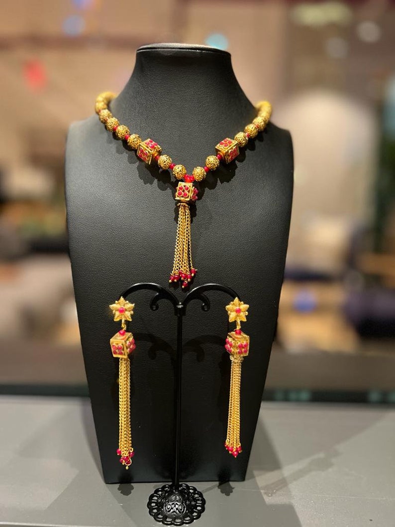 Long Set Long Copper Gold and Red Menakari Mater Mala Set - Etsy