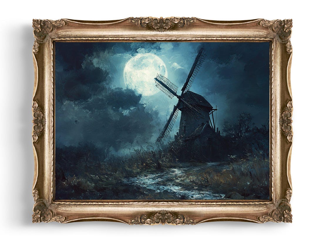 Creepy Windmill Wall Art, Eerie Vintage Style Print, Moonlit Landscape ...