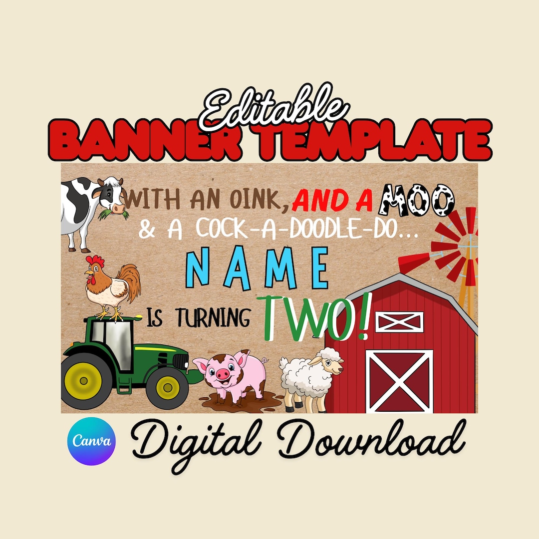 Editable Birthday Banner - Farm Banner - Oink, Moo - DIY Custom Party ...