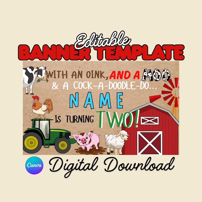 Editable Birthday Banner - Farm Banner - Oink, Moo - DIY Custom Party ...