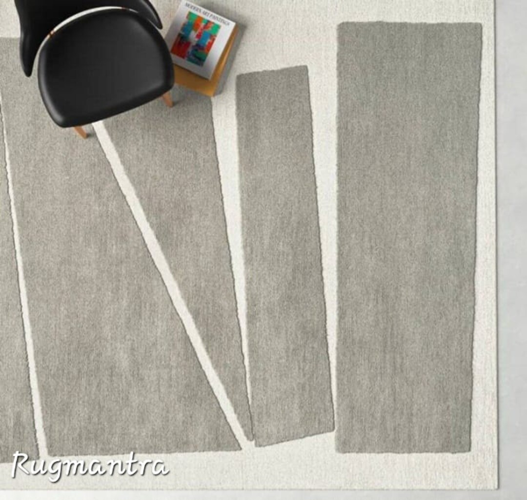 Ivory Grey Minimalist Modern Abstract Handmade Textured Woolen Designer ...