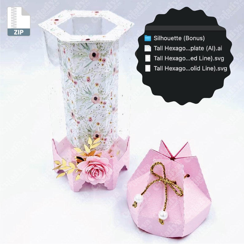 Tall Hexagon Box With Lid Template, Party Favor Treat Box, Shaker Box ...