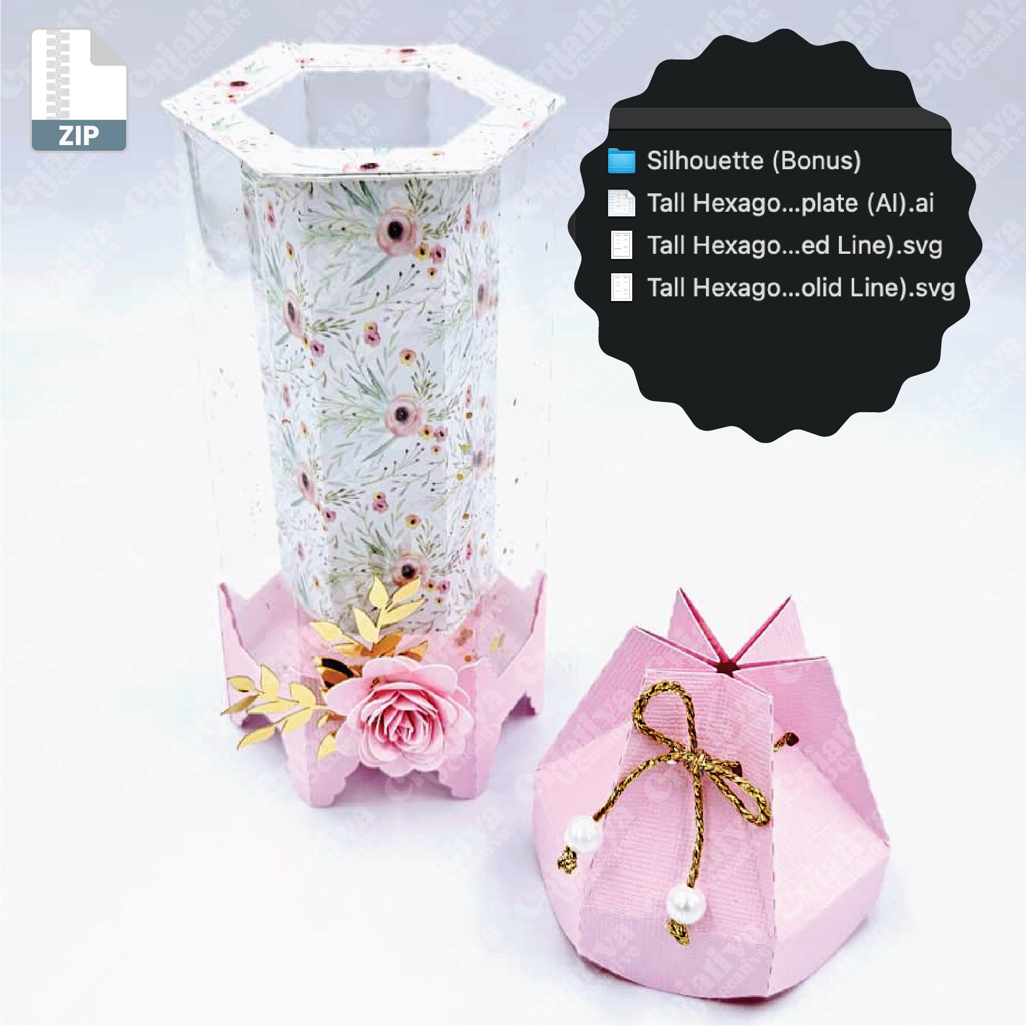 Tall Hexagon Box With Lid Template, Party Favor Treat Box, Shaker Box ...