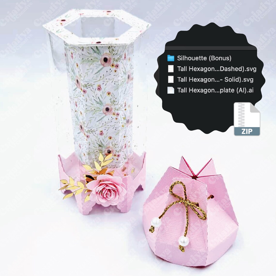 Tall Hexagon Box With Lid Template, Party Favor Treat Box, Shaker Box ...