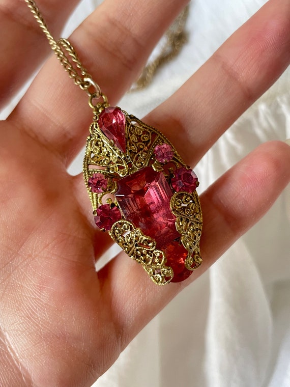 Antique Art Deco Czech Pink Paste Stone Filigree Pend… - Gem