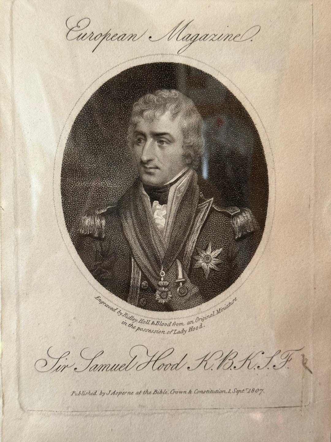 Georgian Engraving Portrait Sir Samuel Hood K.B.K.S.F. Engraved by ...