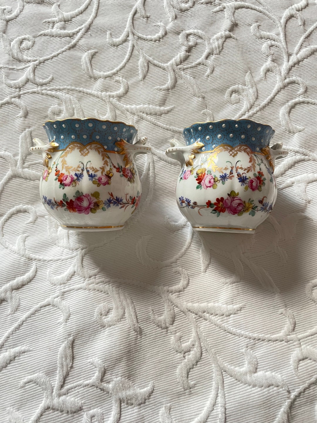 A Pair of 19th Century Dresden Porcelain Two Handled Cache Pots Hand ...