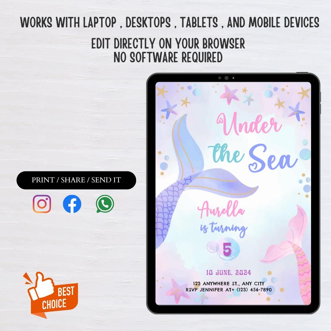 Mermaid Birthday Invitation Template | Under the Sea Party Invite ...