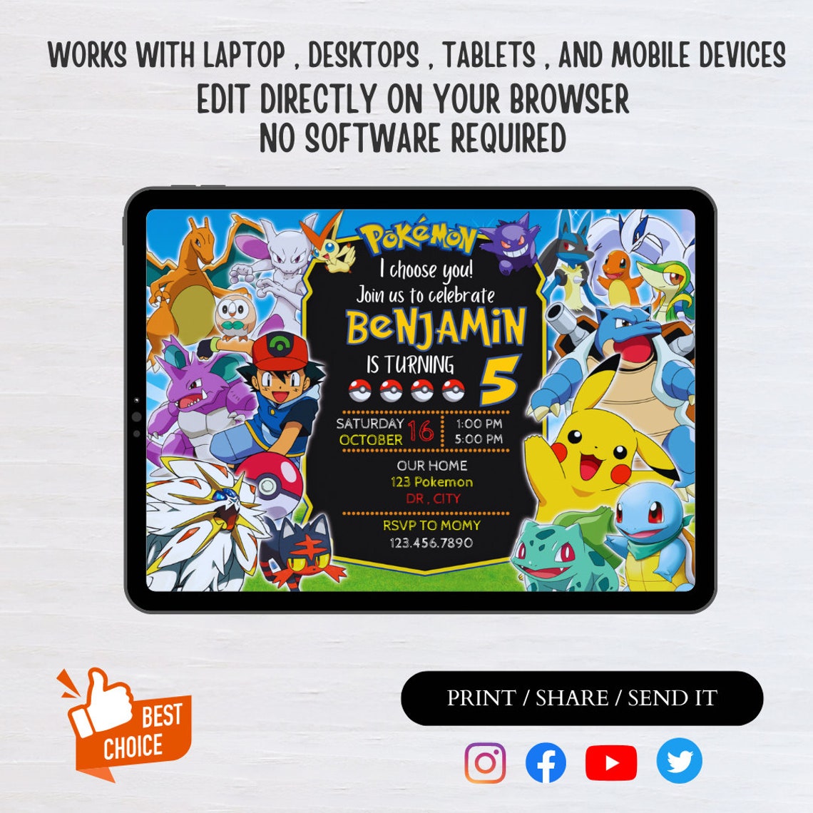 Pokemon Birthday Invitation Editable|pokemon Birthday Invitation ...