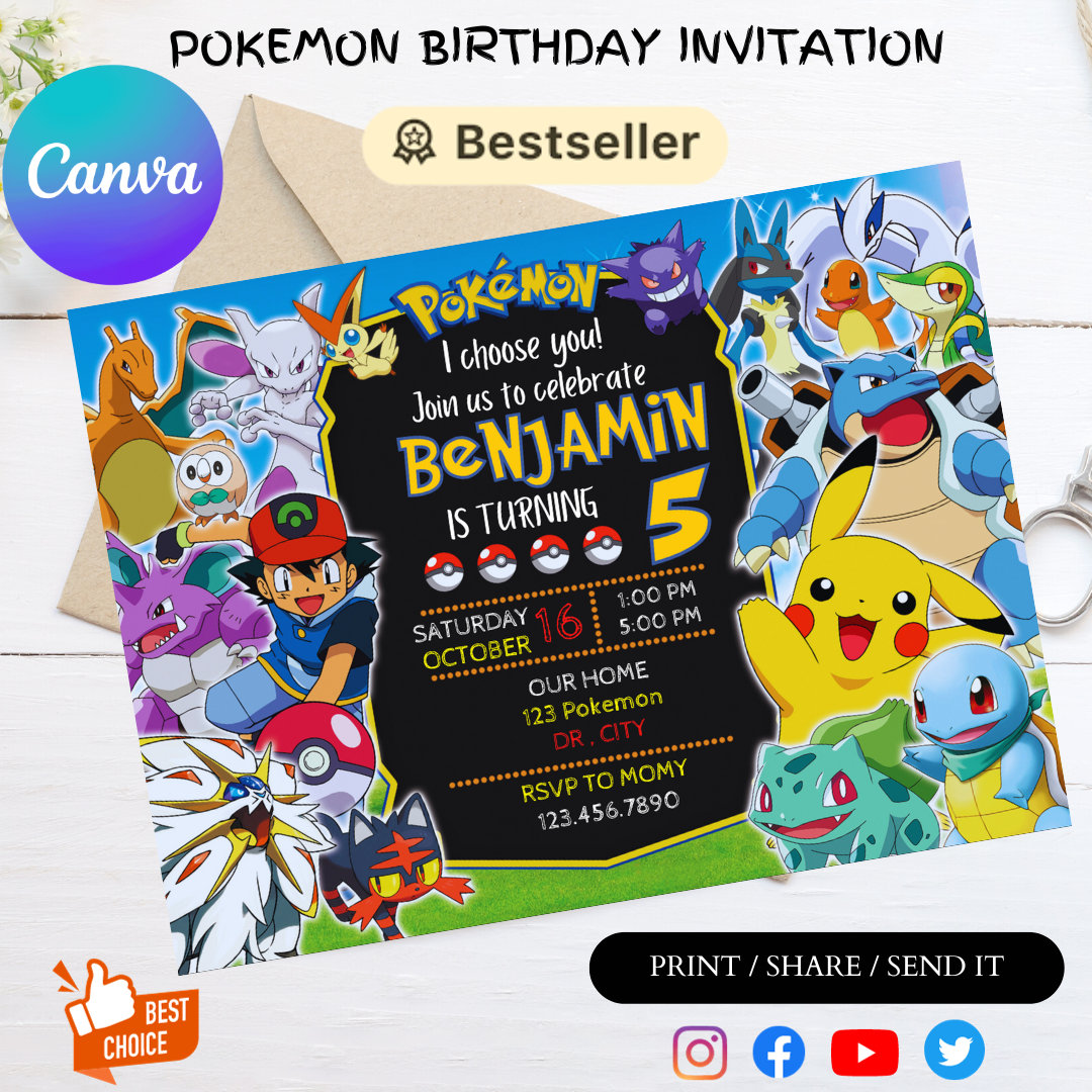Invitación de cumpleaños de Pokémon editable/Invitación de cumpleaños ...