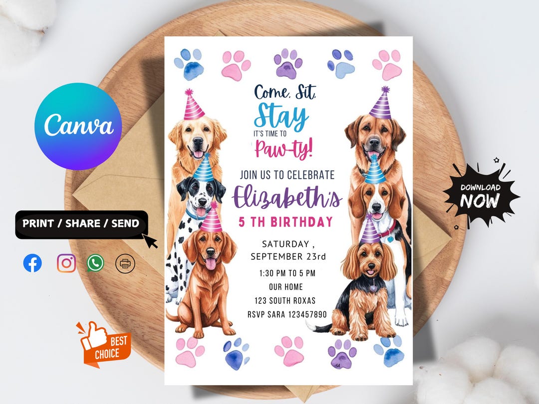Editable Dog Birthday Invitation Template, Puppy Party Invite, Cute Dog ...