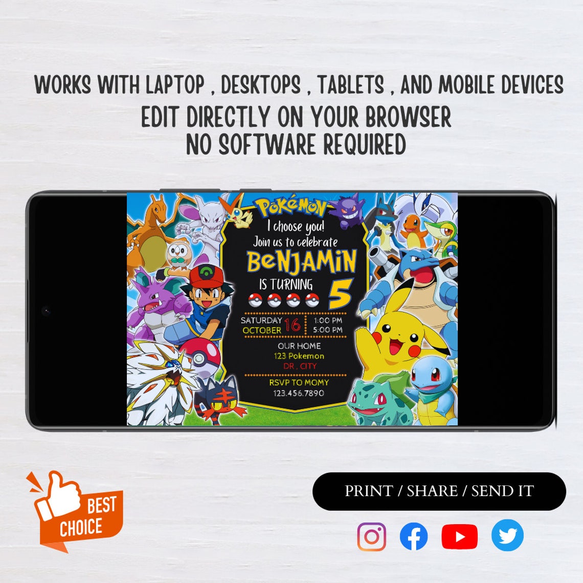 Pokemon Birthday Invitation Editable|pokemon Birthday Invitation ...