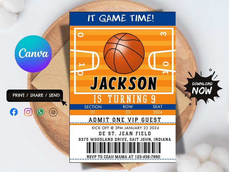 Basketball Birthday Invitation Template | Editable Sports Party Invite ...
