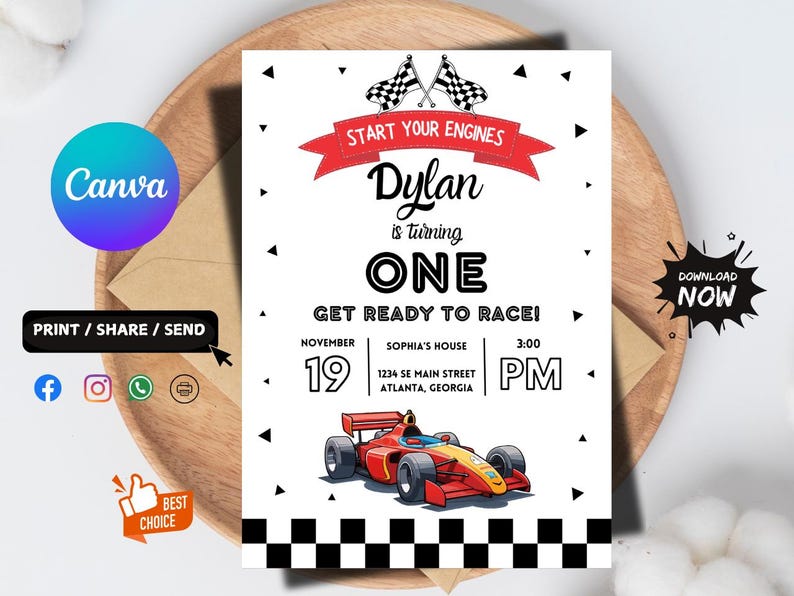 Race Car Birthday Invitation | Boys Sports Party, Canva Template ...