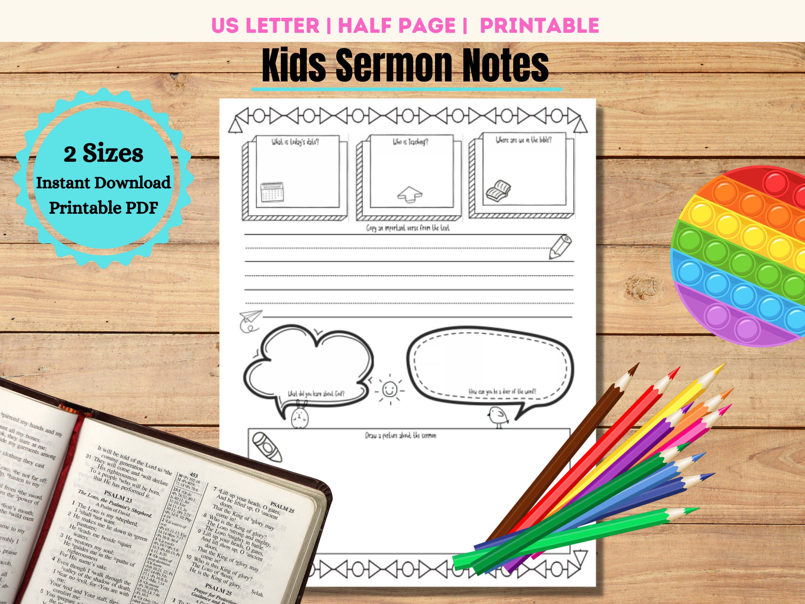 Kids Sermon Notes, Printable PDF, Letter Size, Half Page, Bible Study ...